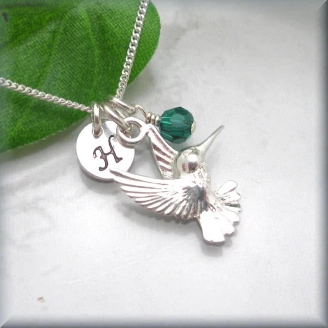 Personalized Hummingbird Sterling Silver Charm Necklace, Initial Tag ...