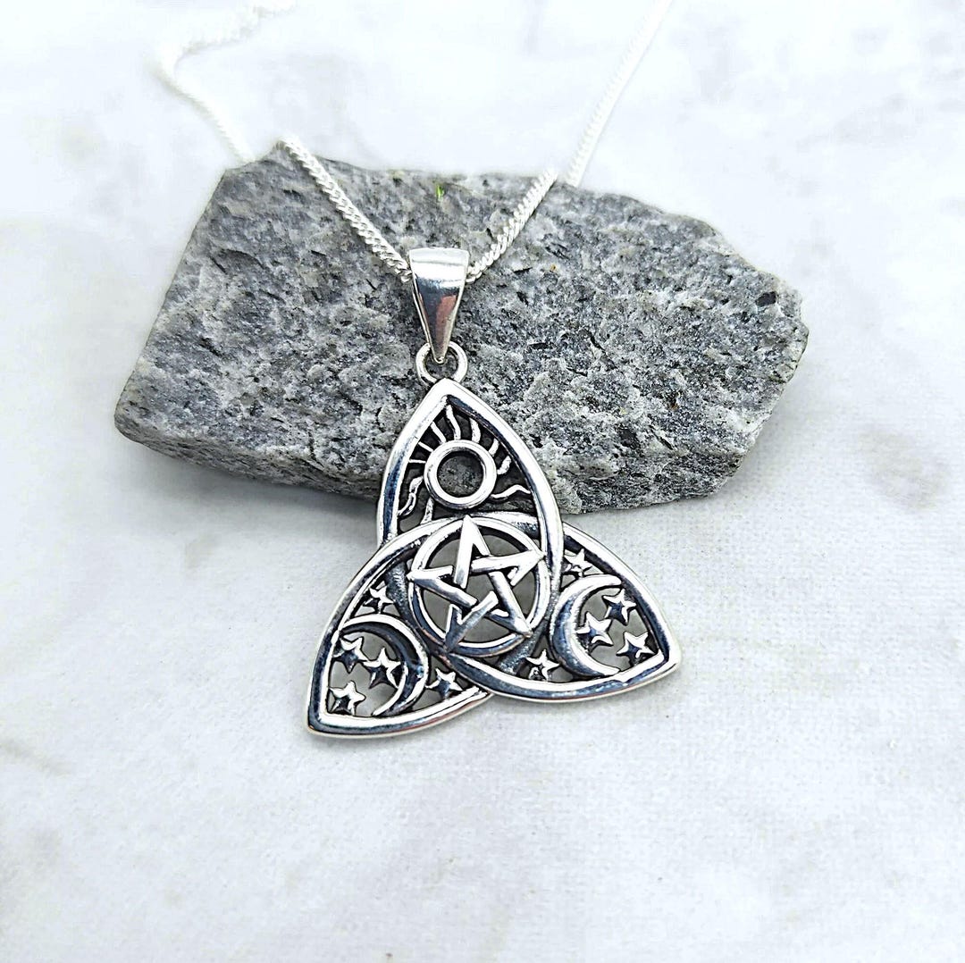 Celtic Trinity Knot Necklace With Pentagram Center, Crescent Moon, Sun ...