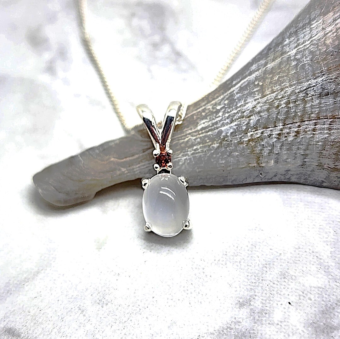 White Moonstone and Garnet Gemstone Necklace, Sterling Silver, Oval Cut ...