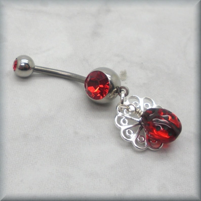 Red Ladybug on Flower Belly Ring Surgical Steel 925 Sterling - Etsy