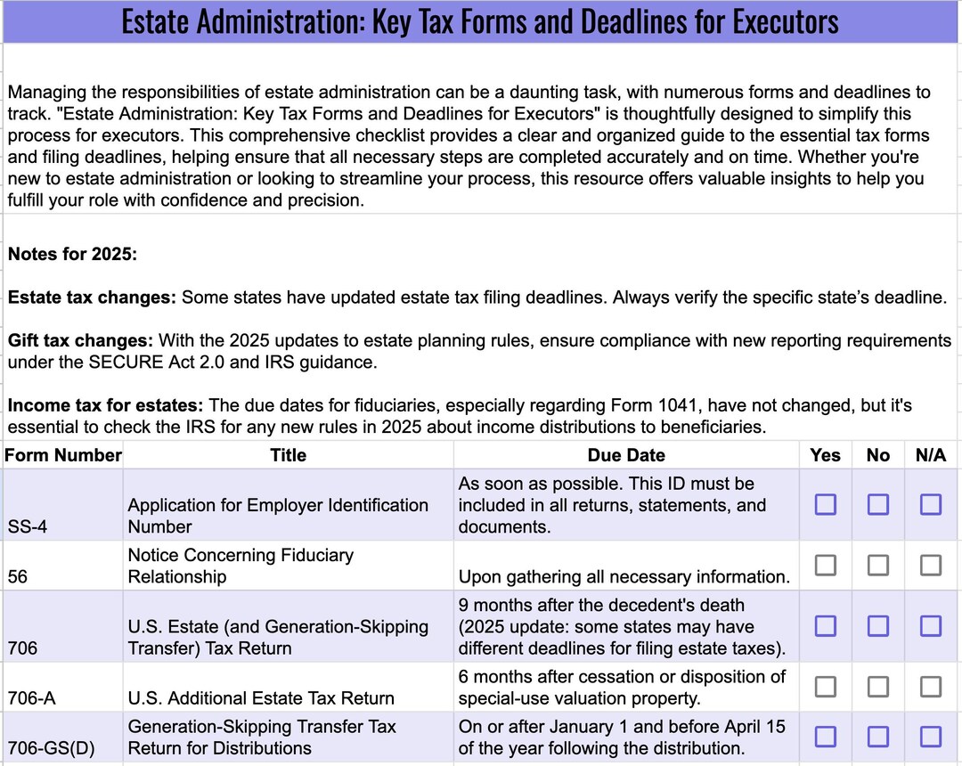 Estate Administration: Key Tax Forms and Deadlines for Executors - Etsy