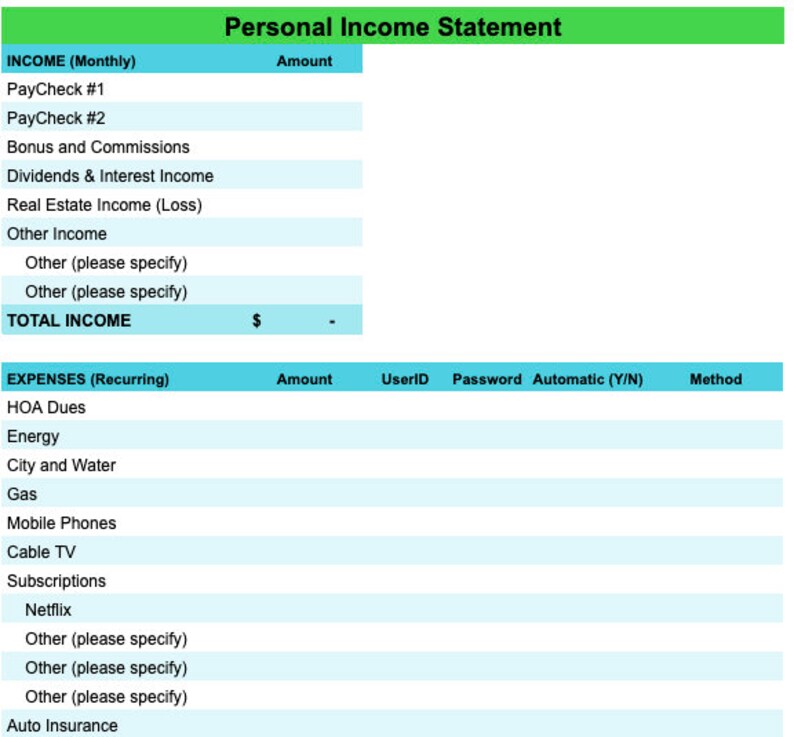 Personal Financial Statement Template | Easy-to-use Form for Sample ...