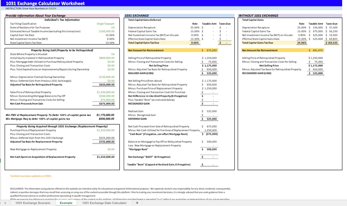 1031 Exchange Calculator Excel: Compare 1031 Exchange Rules & Without ...