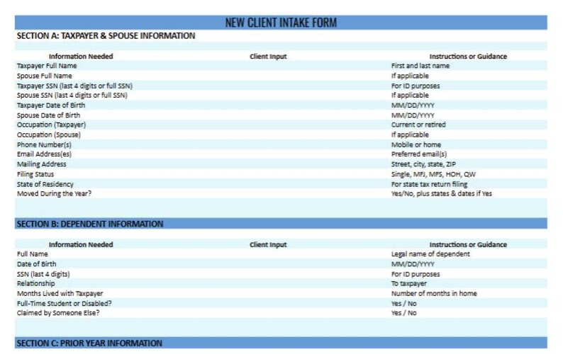 Tax Client Intake Form Fillable PDF Excel Template Tax Preparer Intake ...