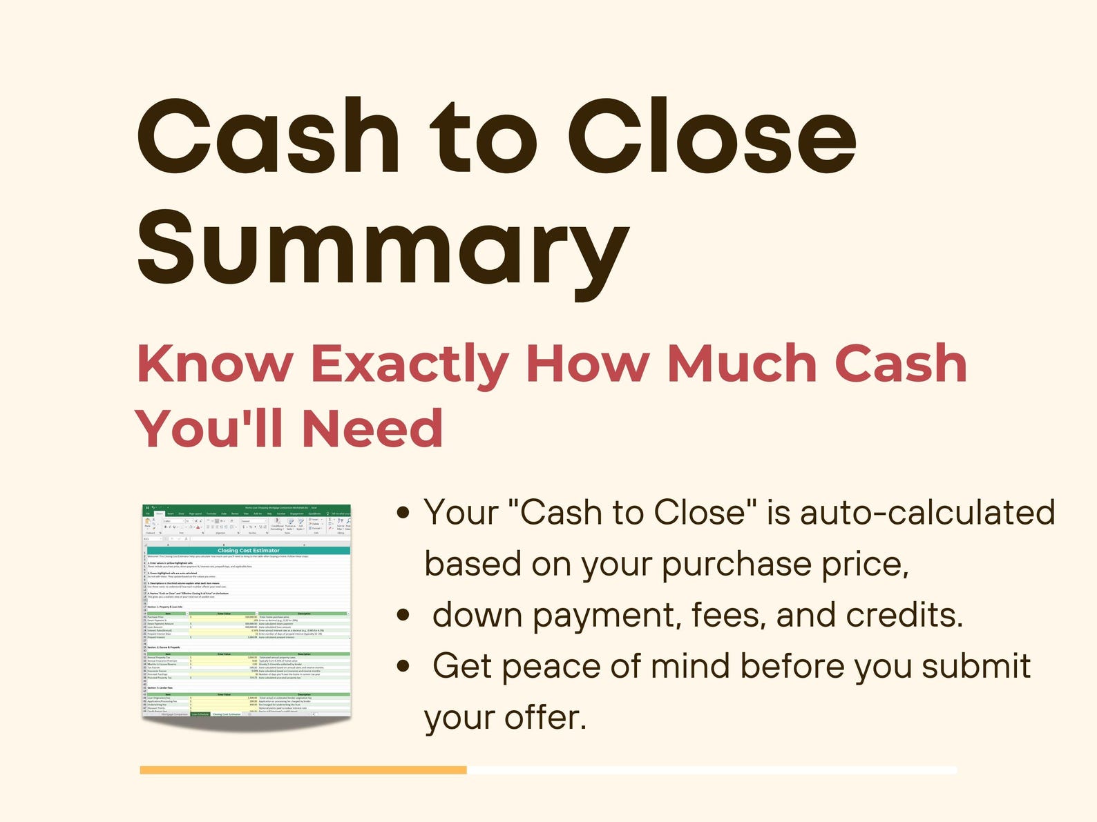 Closing Costs Calculator Excel Template for Homebuyers Estimate Cash to ...