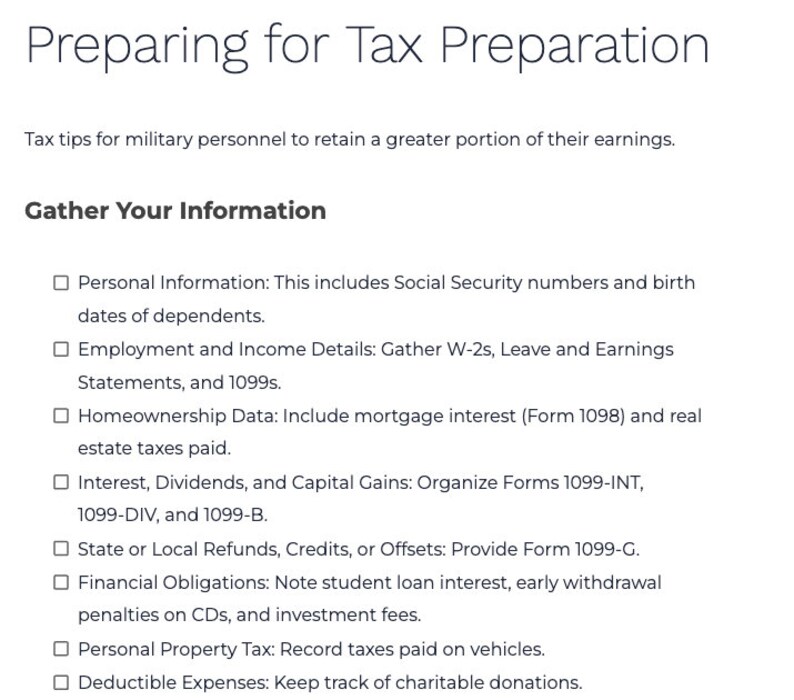 Military Tax Checklist: Essential Tax Filing Documents (printable) - Etsy