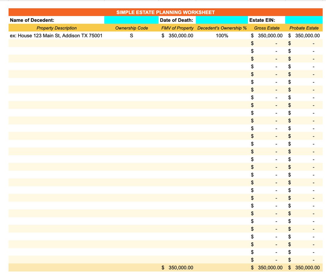 Simple Estate Planning Worksheet | Printable Estate Inventory Worksheet ...