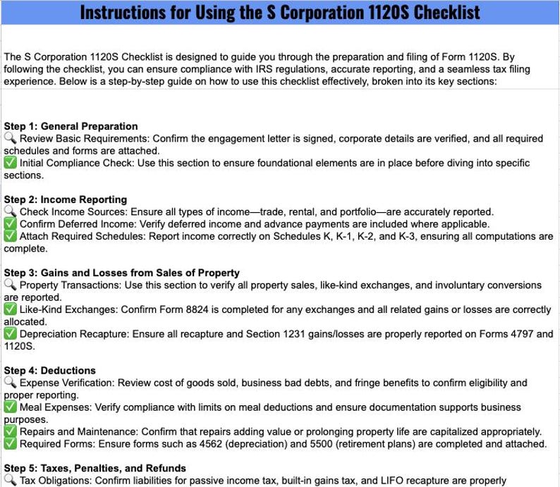 S Corporation 1120S Checklist: Your Ultimate Guide to Tax Compliance - Etsy