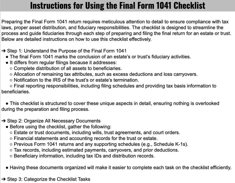 Form 1041 FINAL Return Preparation Checklist for Estates and Trusts - Etsy