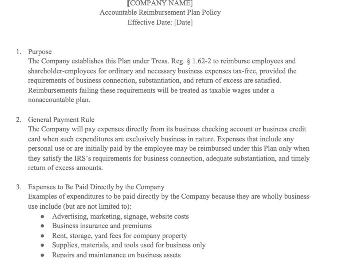 Accountable Plan Template IRS Compliant S Corp Accountable ...
