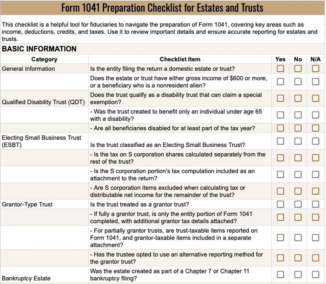 Form 1041 Preparation Checklist for Estates and Trusts - Etsy