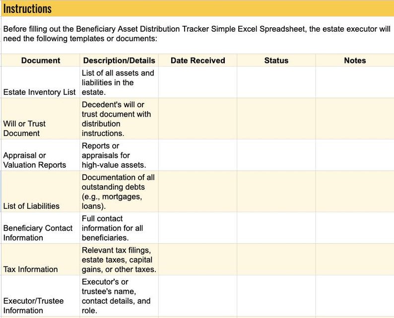 Beneficiary Asset Distribution Tracker Simple Excel Spreadsheet - Etsy