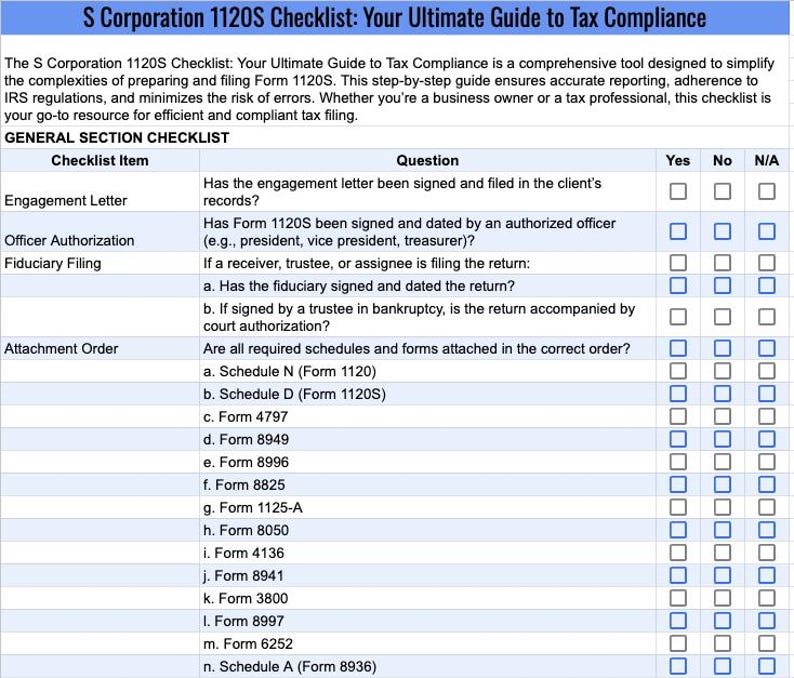 S Corporation 1120S Checklist: Your Ultimate Guide to Tax Compliance - Etsy