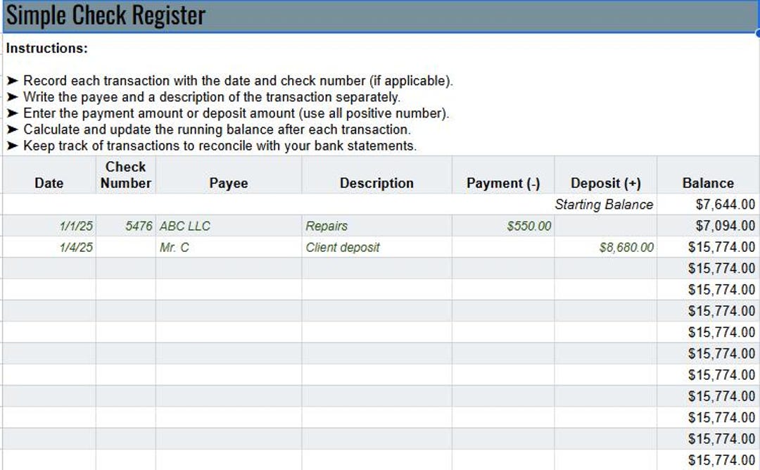 Simple Check Register Spreadsheet (printable & Editable) Template ...