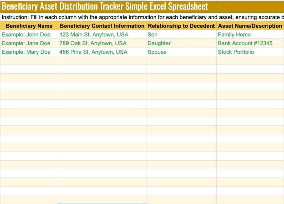 Beneficiary Asset Distribution Tracker Simple Excel Spreadsheet - Etsy
