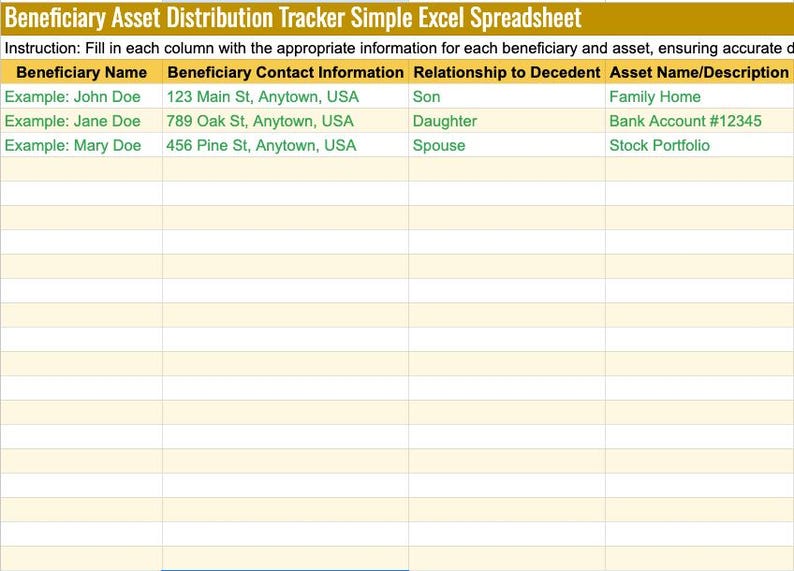 Beneficiary Asset Distribution Tracker Simple Excel Spreadsheet - Etsy