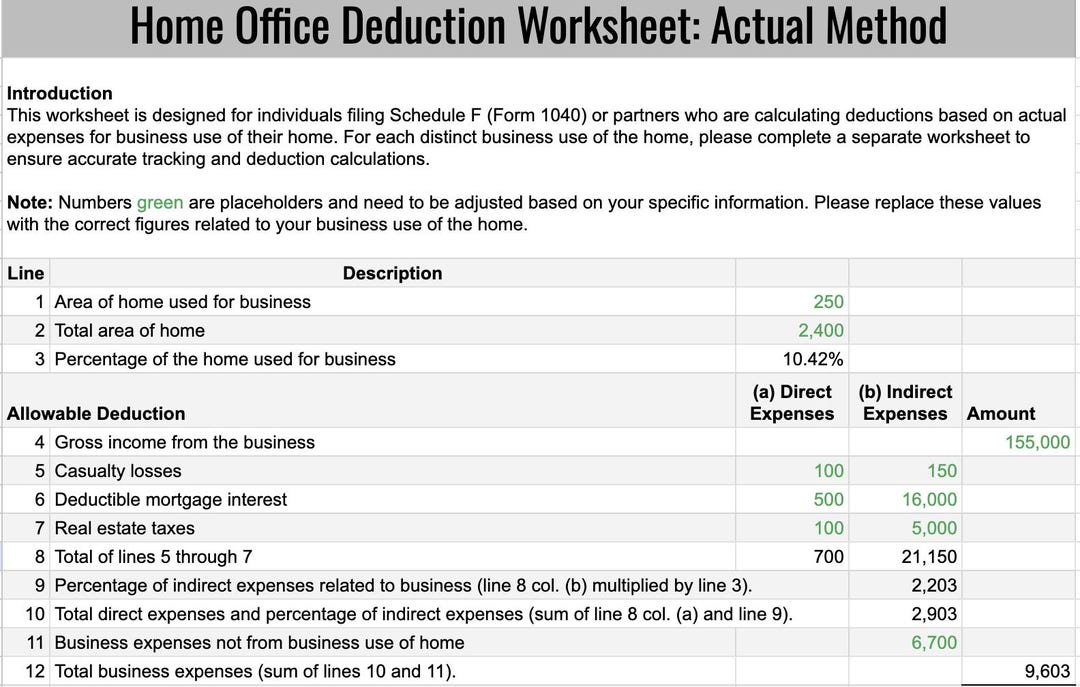 Home Office Deduction Worksheet for Business Expense Tracking: Actual ...