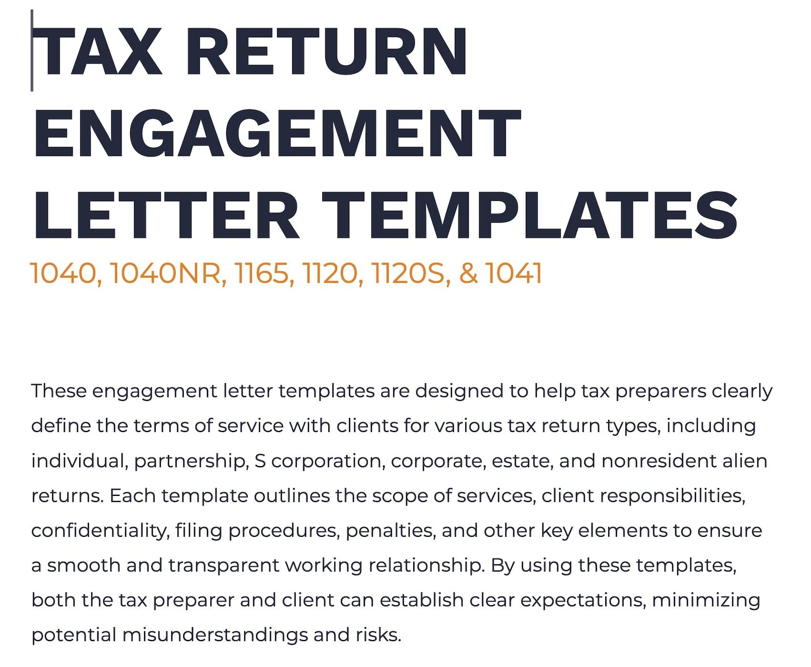 Tax Return Engagement Letter Templates: 1040, 1040NR, 1165, 1120, 1120S ...