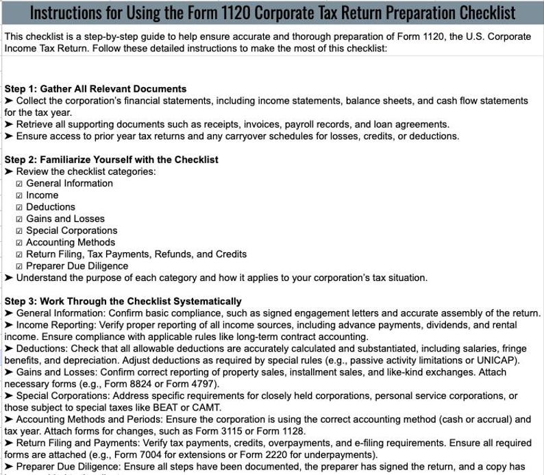 1120 Checklist: Step-by-step Form 1120 Corporate Tax Return Preparation ...