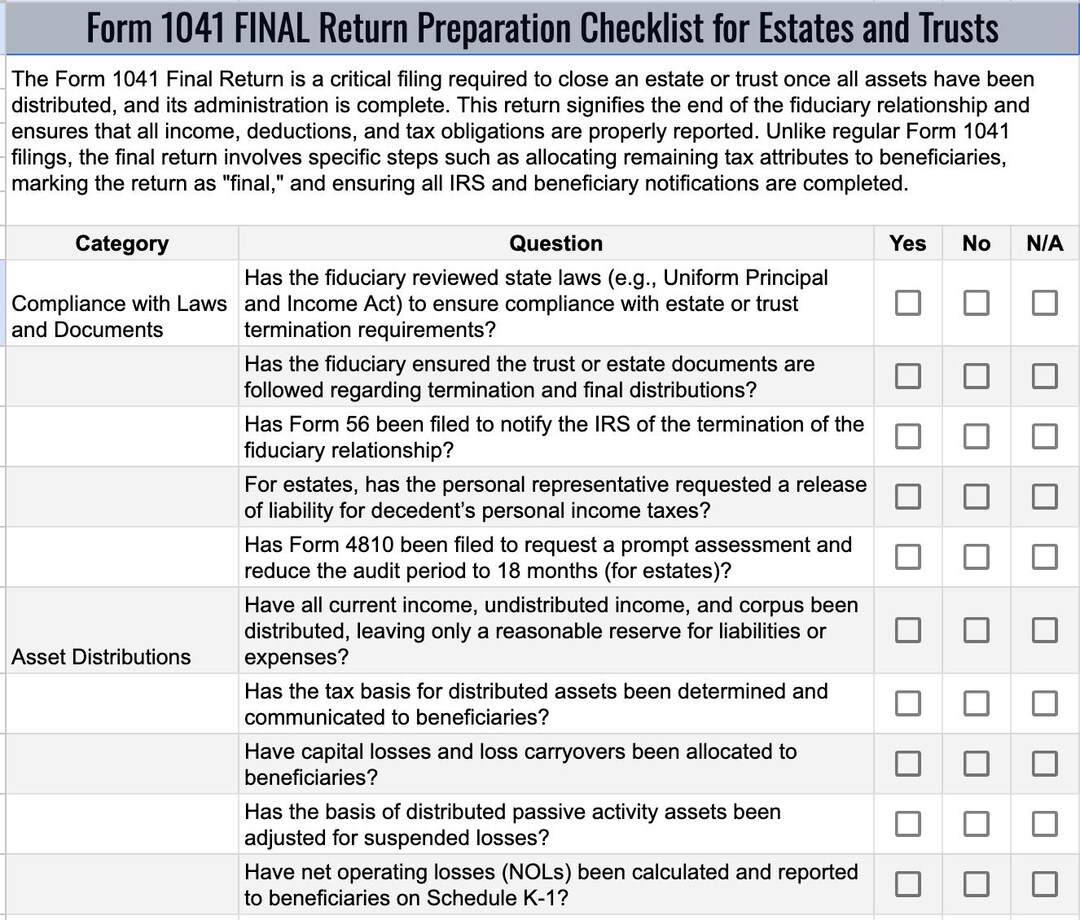 Form 1041 FINAL Return Preparation Checklist for Estates and Trusts - Etsy
