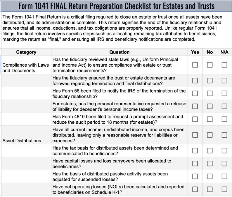 Form 1041 FINAL Return Preparation Checklist for Estates and Trusts - Etsy