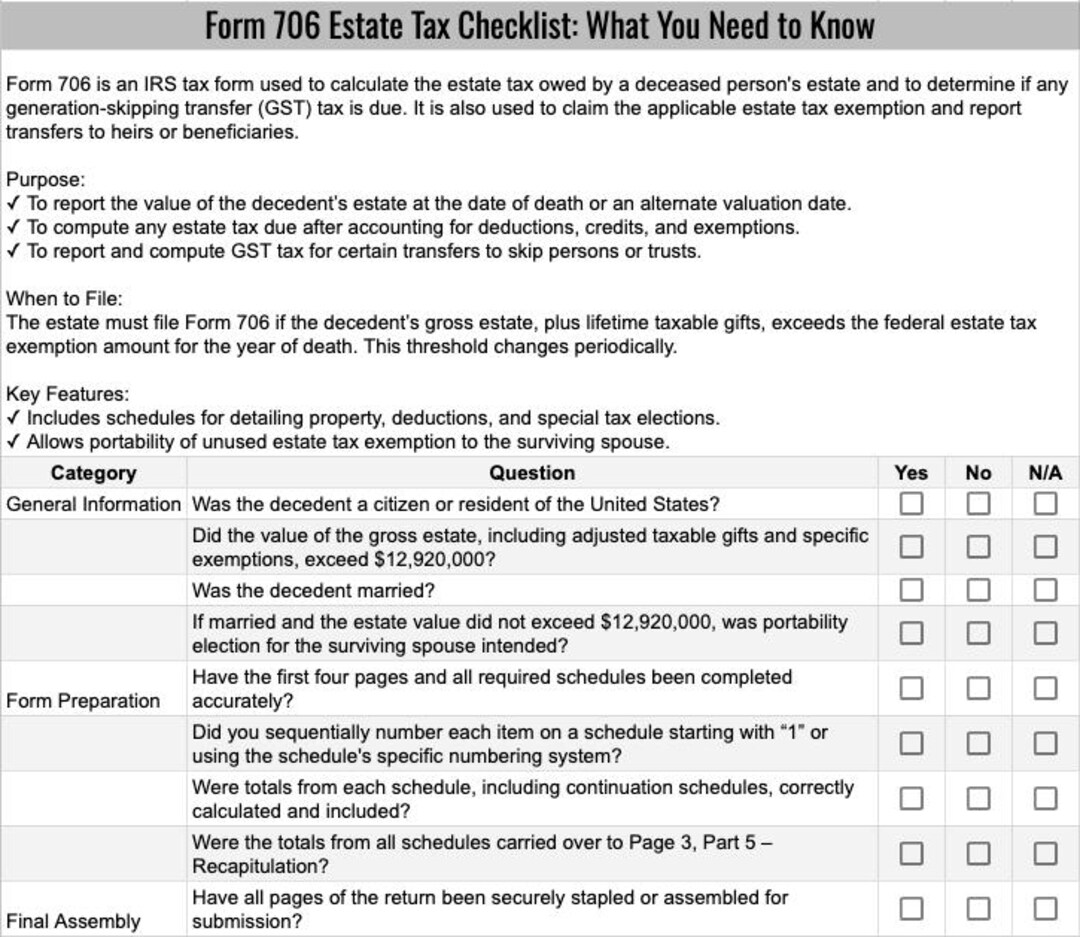 Form 706 Checklist Estate (and Generation-skipping Transfer) Tax Return ...