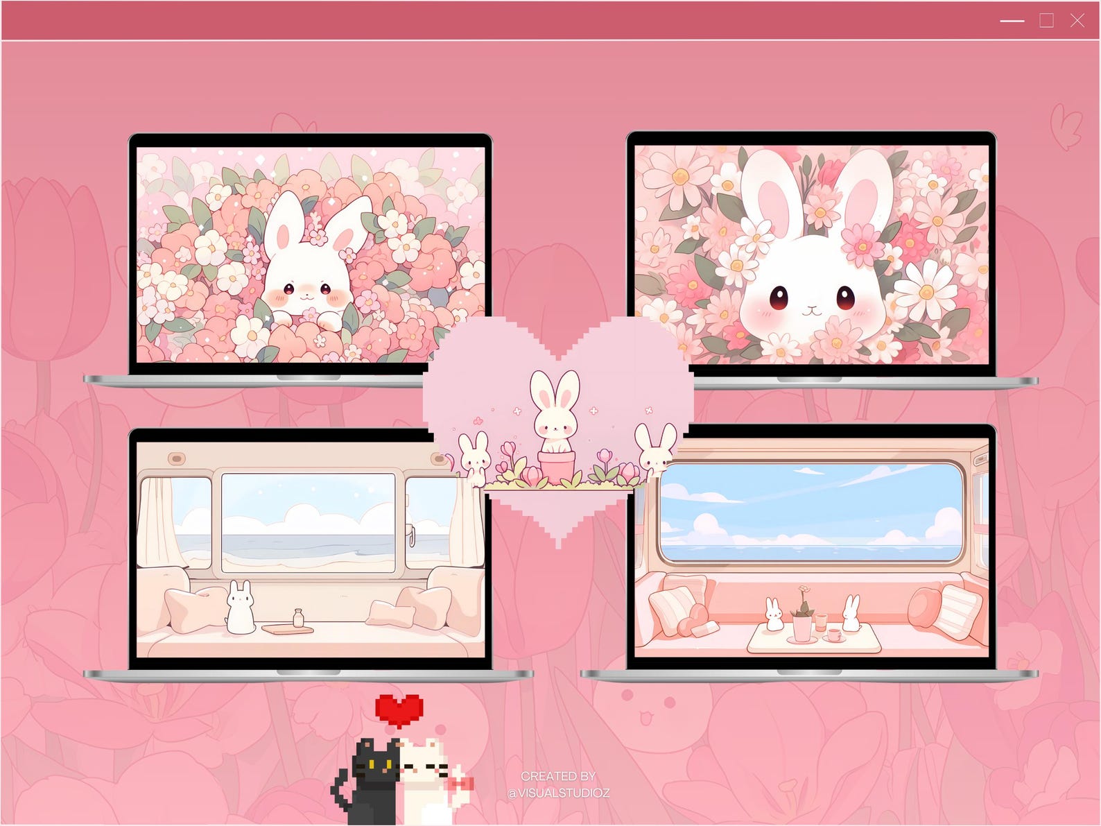 Kawaii Bunny Lofi Desktop Theme Set Pink Icons Cute Desktop Organizer ...