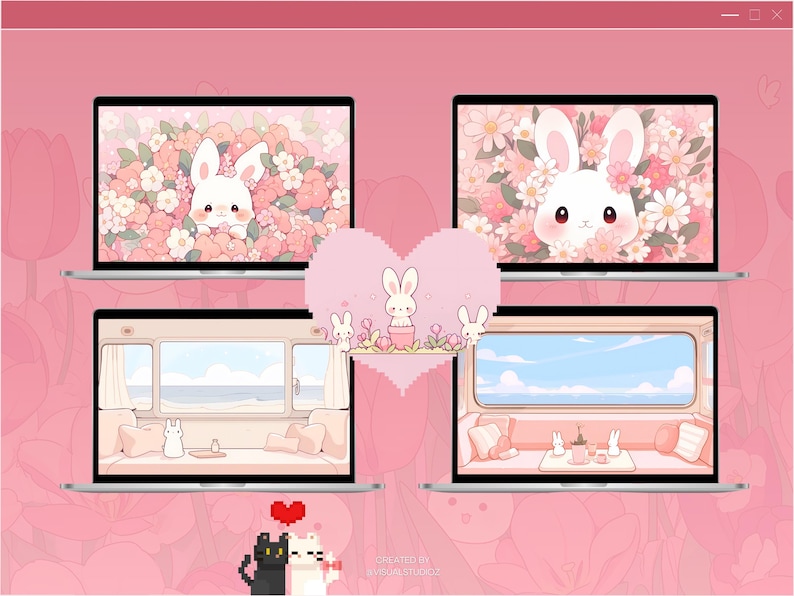 Kawaii Bunny Lofi Desktop Theme Set Pink Icons Cute Desktop Organizer ...