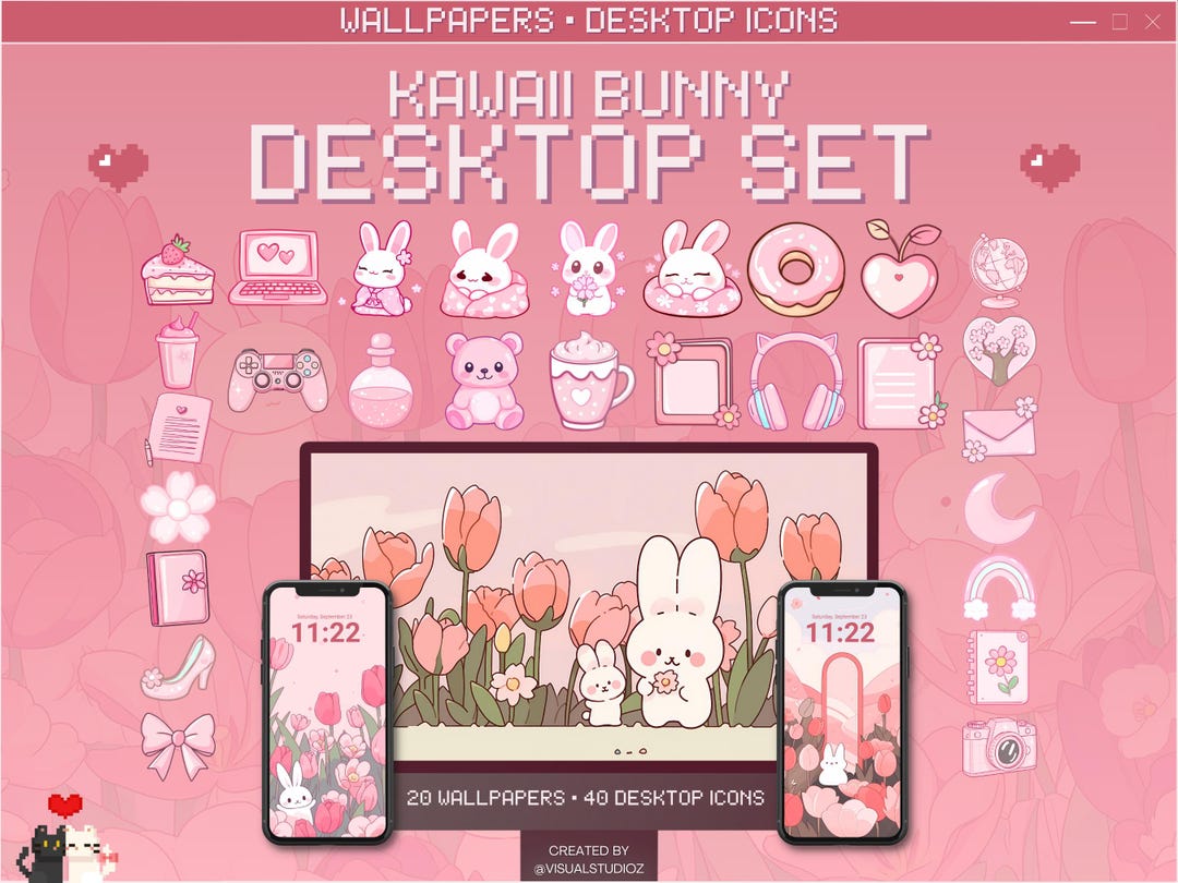 Kawaii Bunny Lofi Desktop Theme Set Pink Icons Cute Desktop Organizer ...