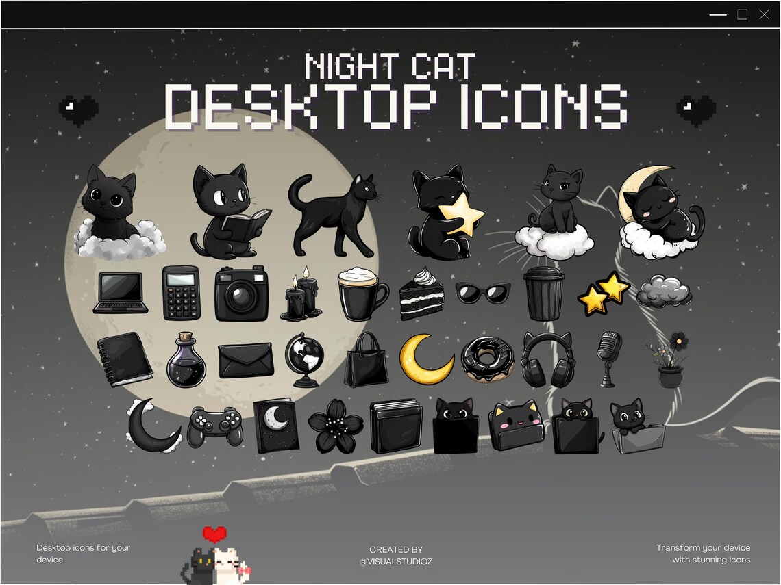 Dark Cat Night Desktop Icons Custom Desktop Set Organizer Icon for ...