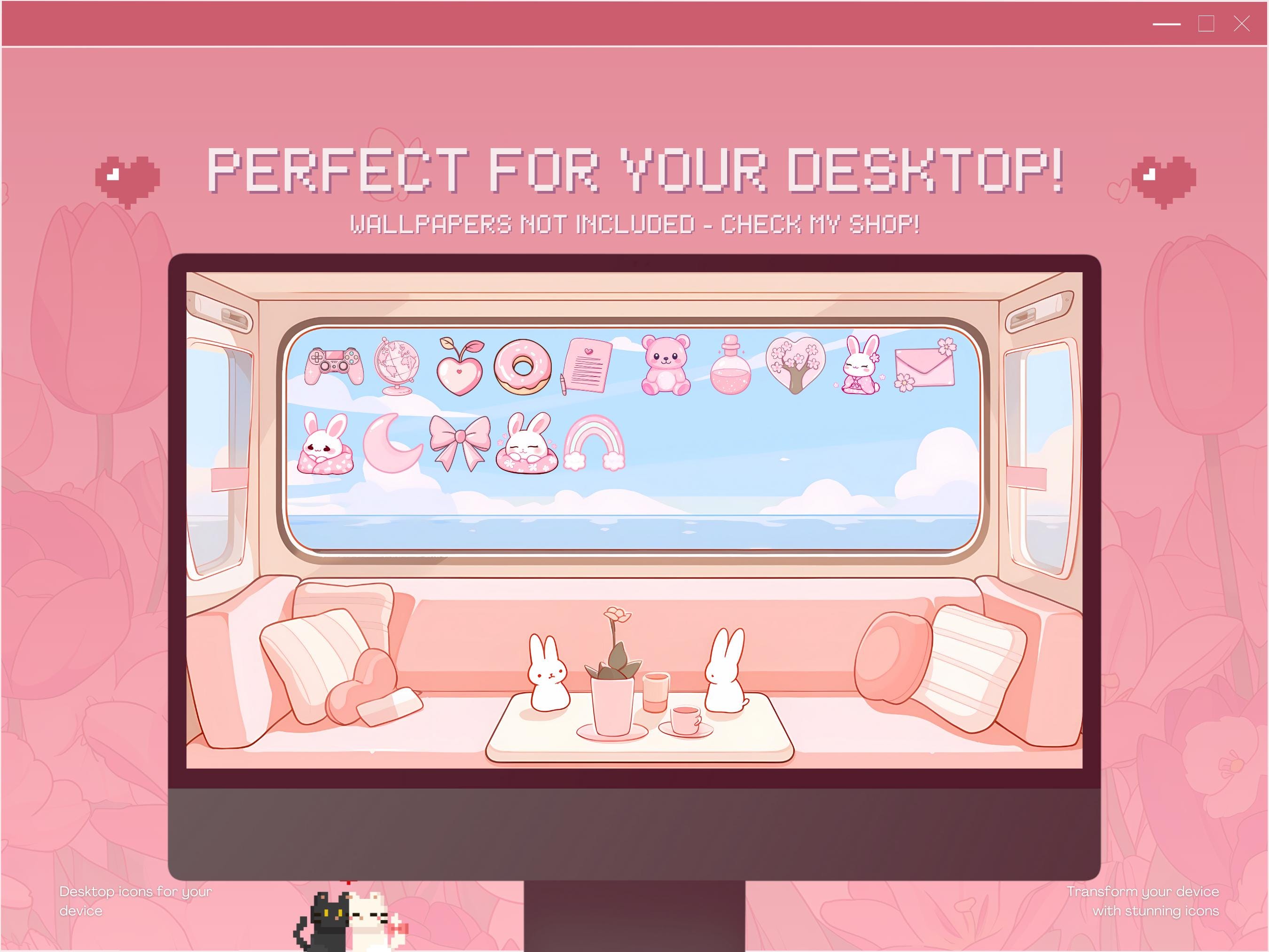 Kawaii Bunny Pink Desktop Icons Set Cute Sakura Desktop Organizer Icon ...