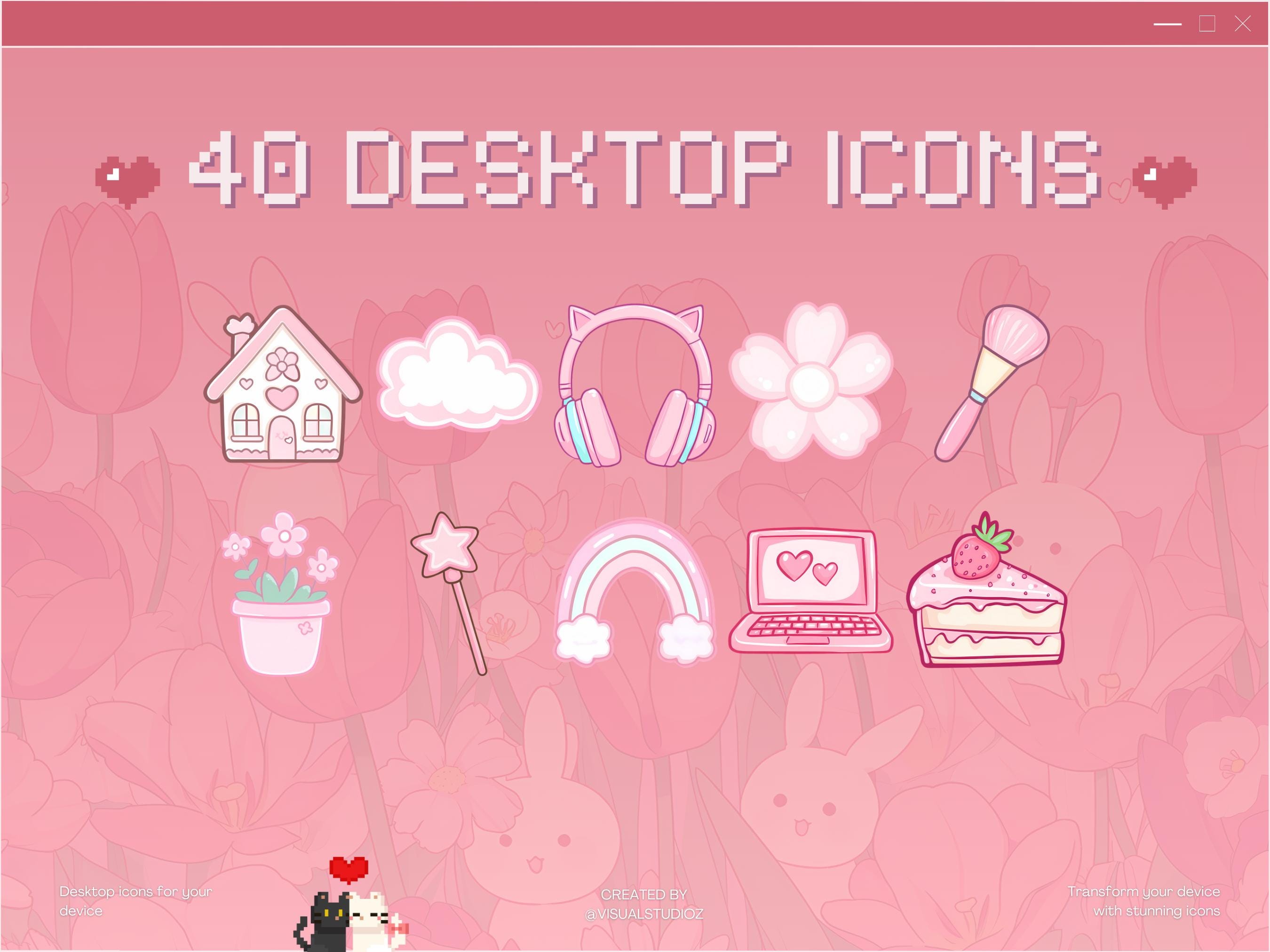 Kawaii Bunny Pink Desktop Icons Set Cute Sakura Desktop Organizer Icon ...