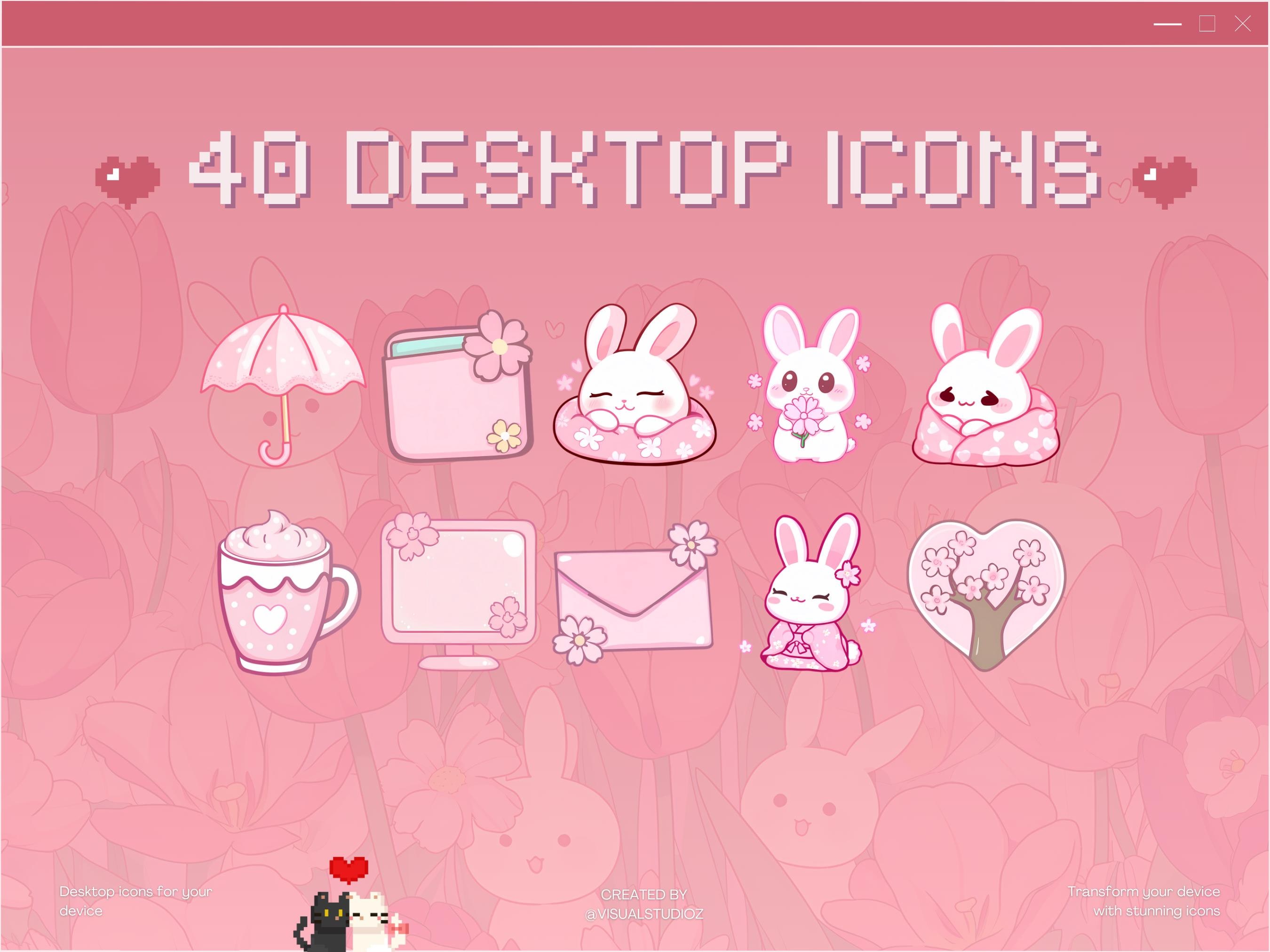Kawaii Bunny Pink Desktop Icons Set Cute Sakura Desktop Organizer Icon ...