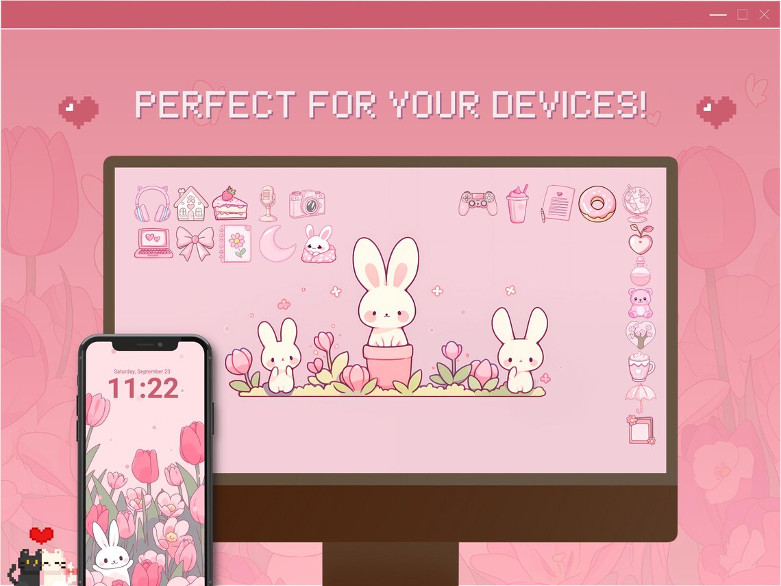 Kawaii Bunny Lofi Desktop Theme Set Pink Icons Cute Desktop Organizer ...