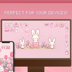 Kawaii Bunny Lofi Desktop Theme Set Pink Icons Cute Desktop Organizer ...