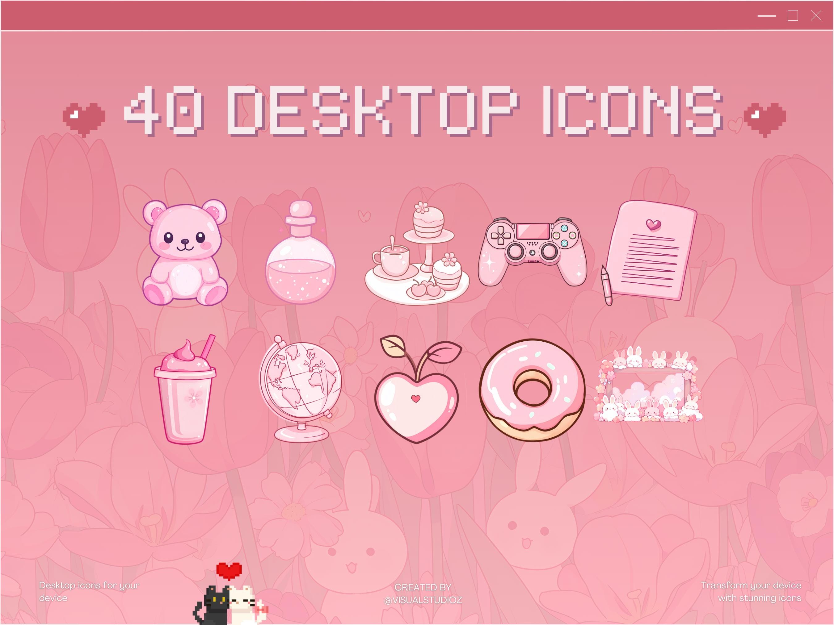 Kawaii Bunny Pink Desktop Icons Set Cute Sakura Desktop Organizer Icon ...
