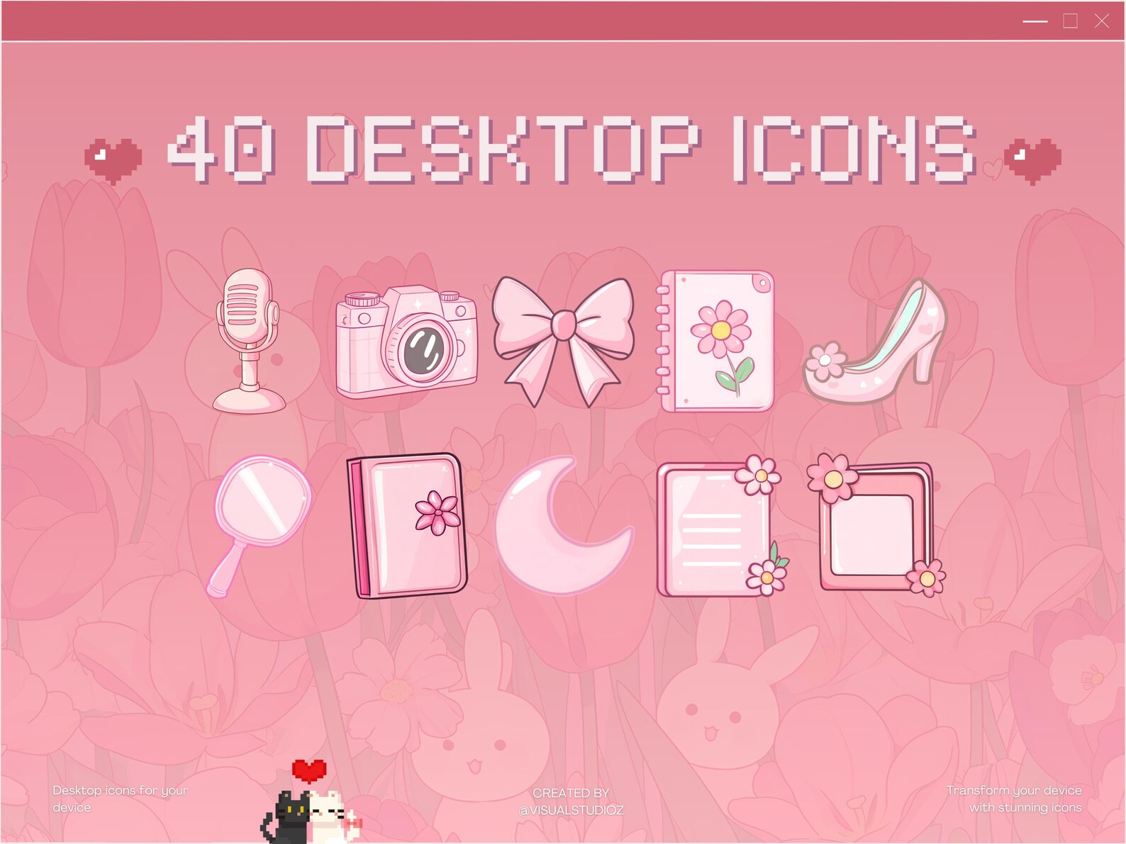 Kawaii Bunny Pink Desktop Icons Set Cute Sakura Desktop Organizer Icon ...