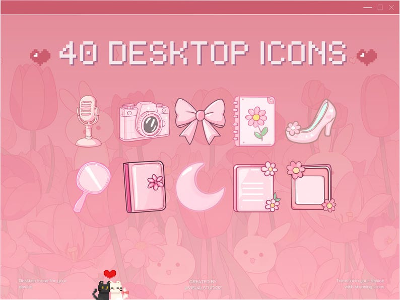 Kawaii Bunny Pink Desktop Icons Set Cute Sakura Desktop Organizer Icon ...