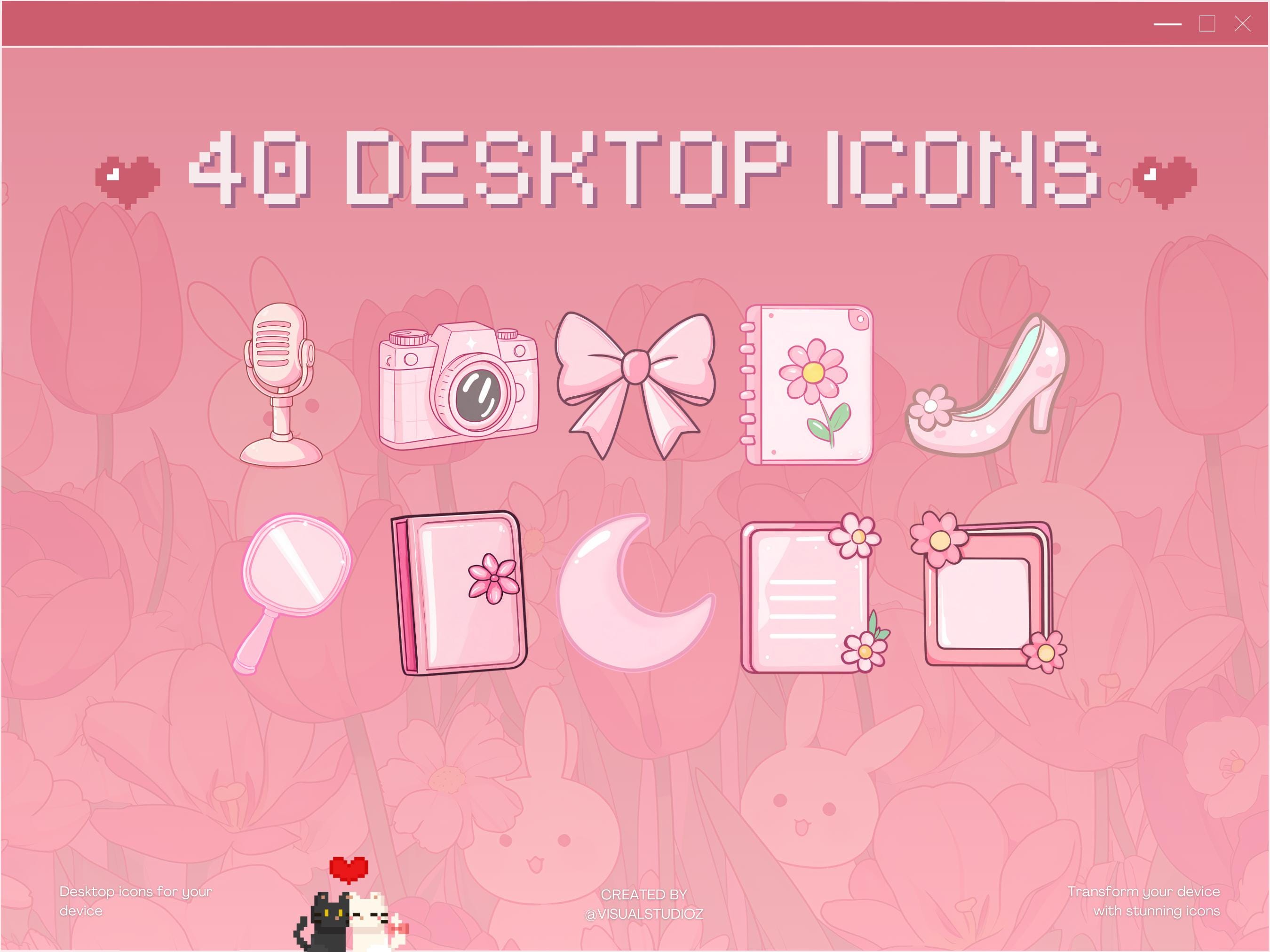 Kawaii Bunny Pink Desktop Icons Set Cute Sakura Desktop Organizer Icon ...