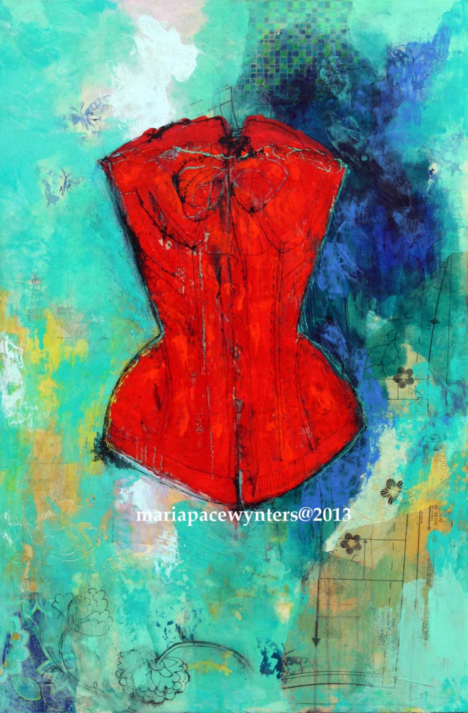 Fire Red Corset 2- Original Mixed Media Painting by Maria Pace-wynters ...