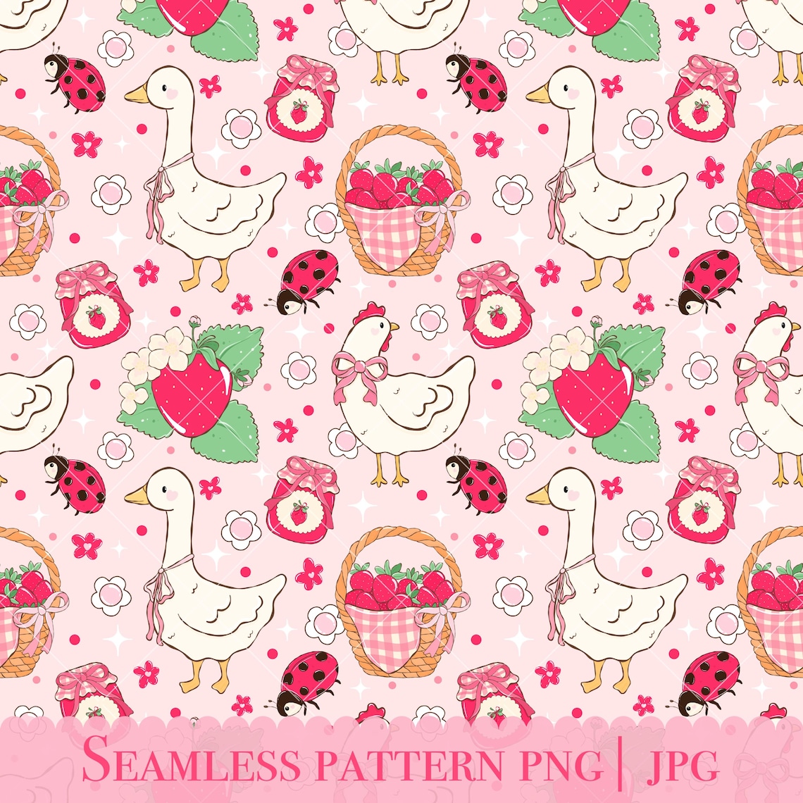 Coquette Goose and Chicken Seamless Pattern,cottagecore Gooseberry ...