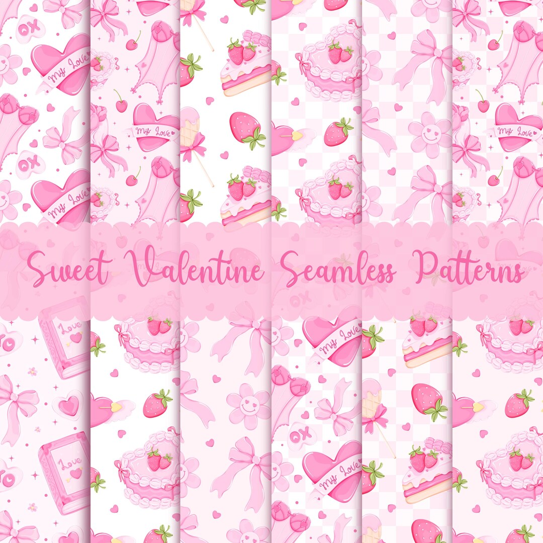Strawberry Valentine Seamless Patterns, Coquette (PNG, JPG Digital ...