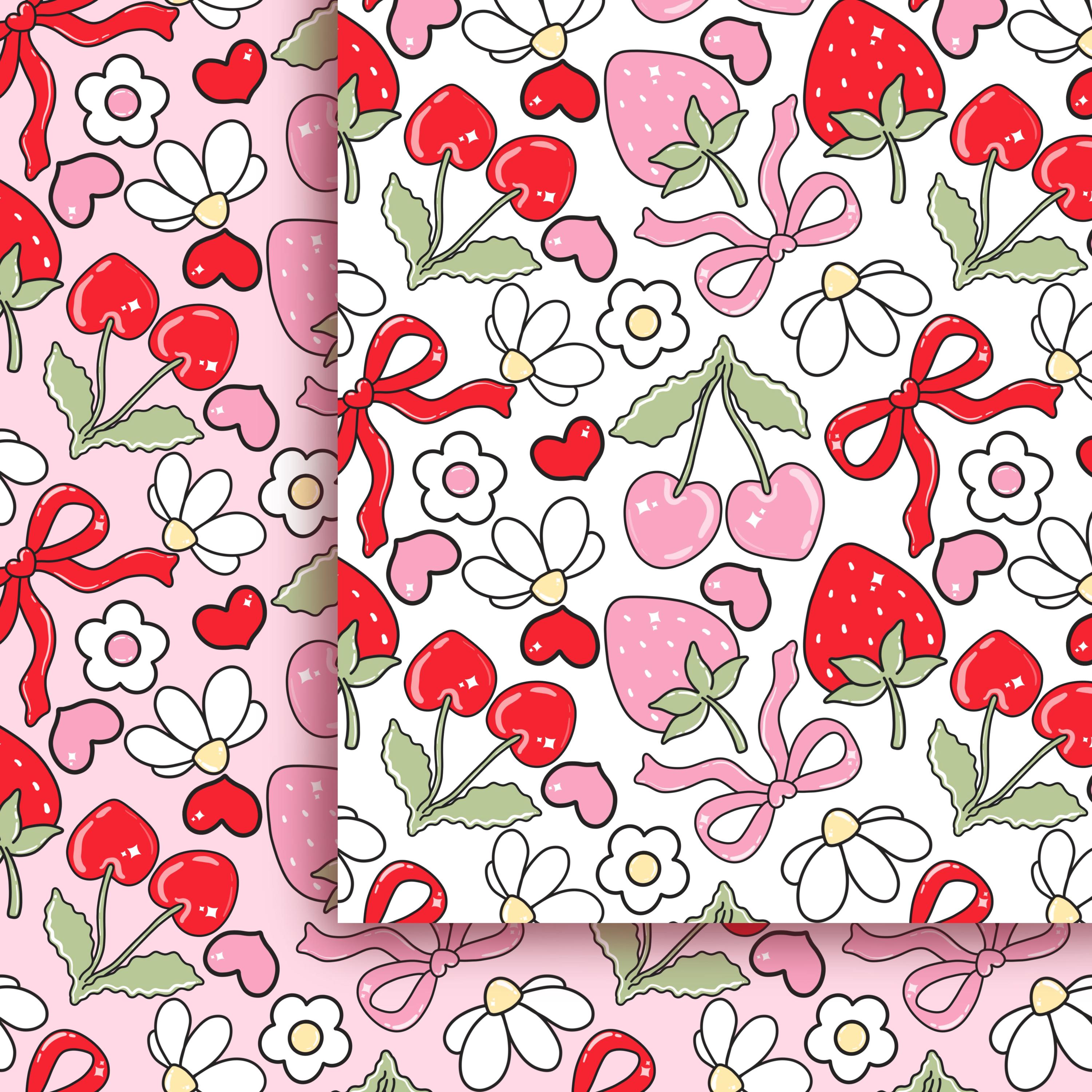 Coquette Strawberry Seamless Pattern, Cute Cherry and Red Bows Fabric ...