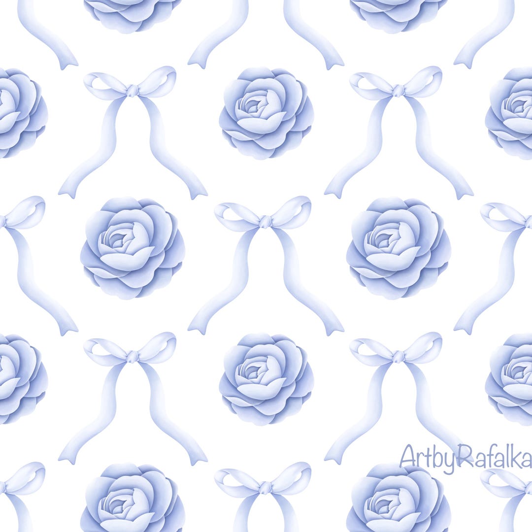 Blue Coquette Ribbon Bow and Rose Seamless Pattern, Soft Girl Aesthetic ...