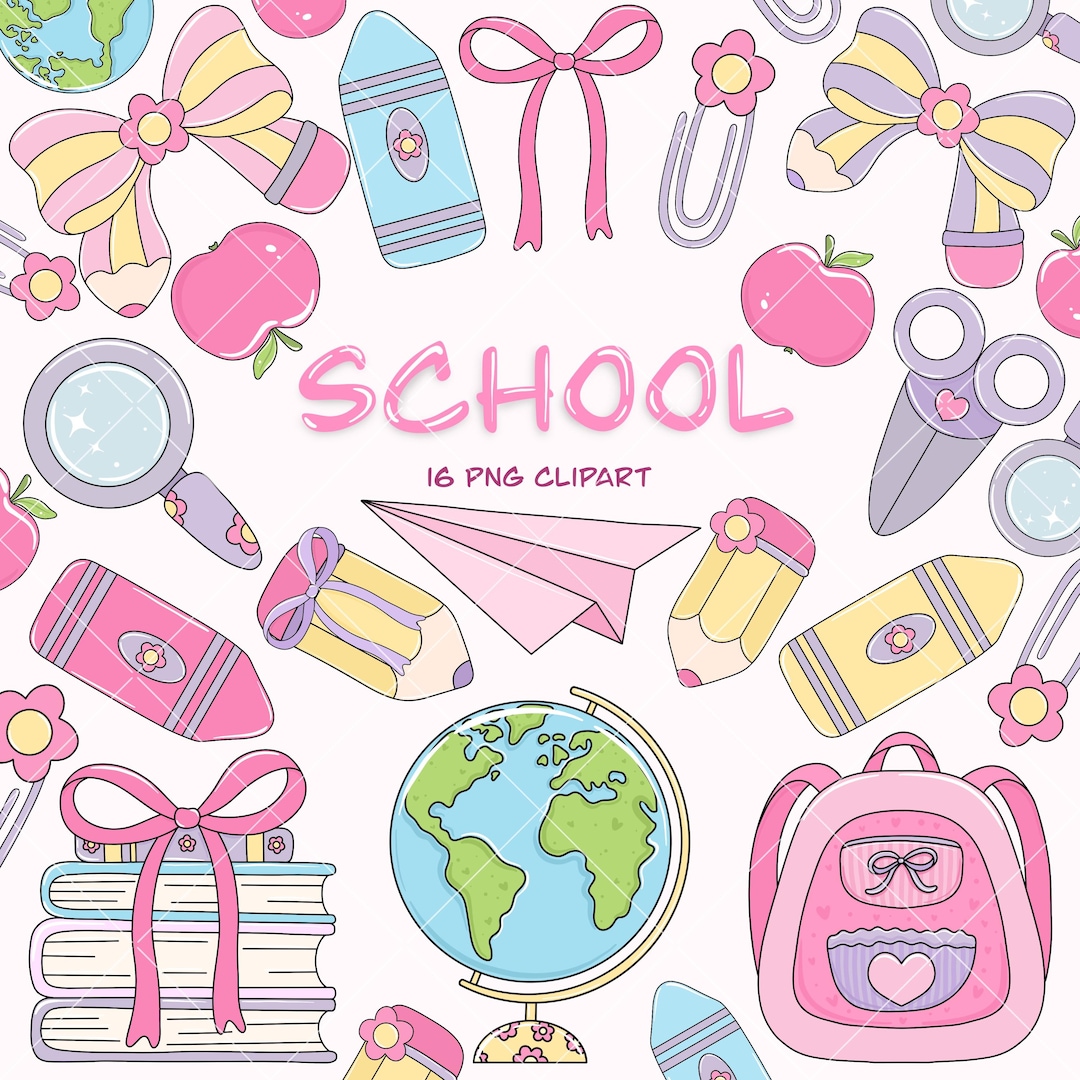 Coquette School Supply Clipart: Back to School PNG Set (digital ...