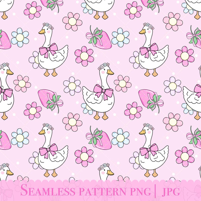 Coquette Strawberry Goose Seamless Pattern, Spring Silly Goose Seamless ...