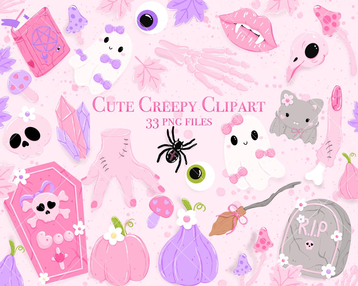 Cute Creepy Clipart Png, Spooky Cute Halloween Clipart Set PNG Elements ...