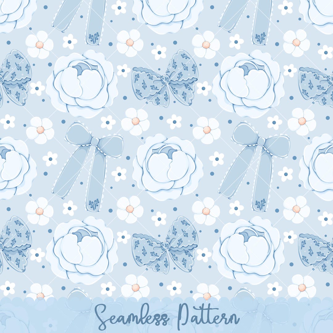 Coquette Blue Flower Seamless Pattern,pastel Blue Bow Digital Pattern ...
