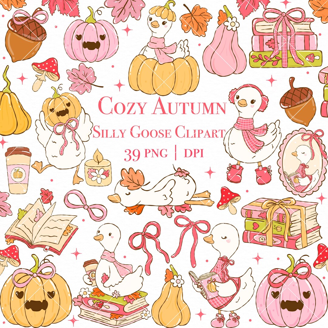 Cozy Autumn Silly Goose Clipart, Whimsical Fall Goose Clipart, Cozy ...
