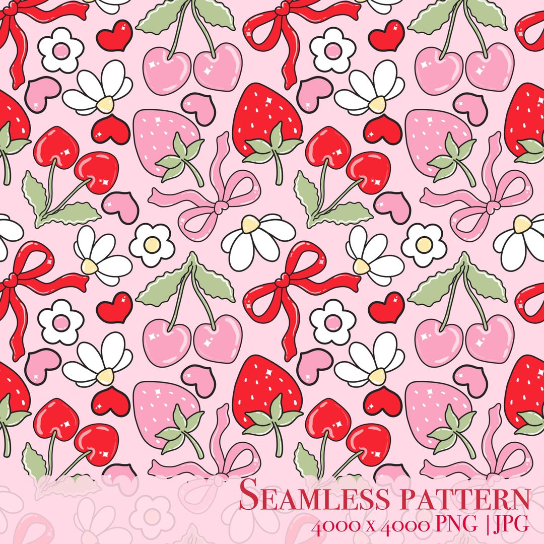 Coquette Pink Cherry Seamless Pattern,coquette Strawberry Bow Seamless ...
